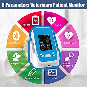 Handheld Veterinary Pulse Oximeter,Rechargeable Dog Blood Pressure Monitor, 6 Parameters Animal Patient Mnitoring Equipment with 2.4" Display and Bluetooth for Family Pets Cat Home Clinic Use