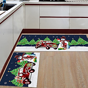 2 Piece Red Truck Kitchen Rug Set Merry Christmas Snowman Indoor Floor Mats for Winter, Xmas Door Mat Runner Rug Carpet Mat for Kitchen Home Decor (15.7" x 23.6"+15.7" x 47.2")- Snowman Snowflake Tree