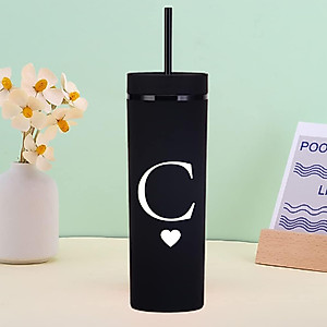 Forest Kiss Letter C Personalized Initial Gifts for Women Men 16oz Double Wall Food-grade Plastic Skinny Tumbler Monogrammed Matte Slim Cup Wedding Graduation Birthday Present (C)