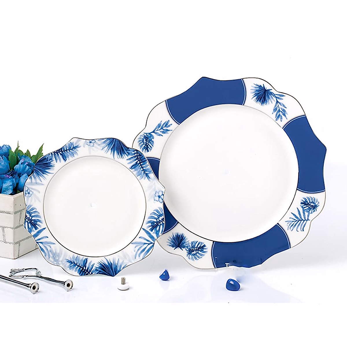 Linlins Fine Bone China 2-Tier Cake Stand/Blue Tropical Plant Cupcake Stand/Pastry Serving Cake Stand