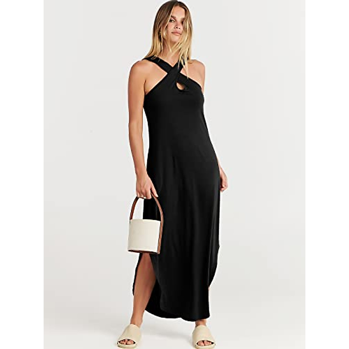 ANRABESS Women's Casual Loose Sleeveless Beach Dress Criss Cross Slit Maxi Sun Dresses 2023 Fashion Vacation Outfits Summer Clothes Resort Cruise Wear A453heise-XL Black