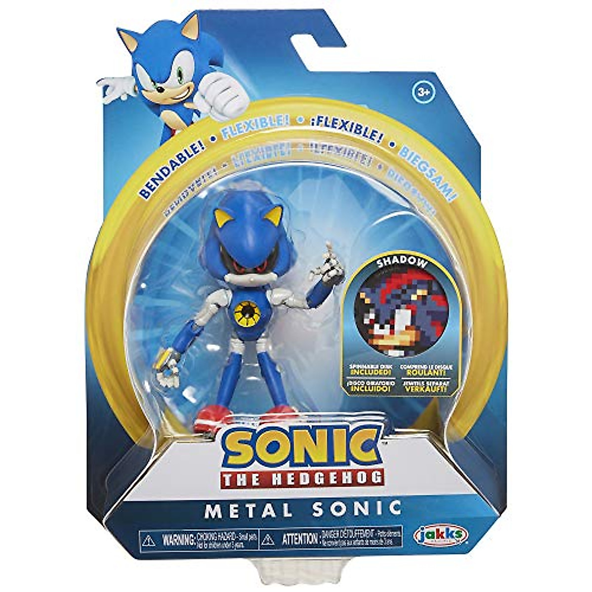 Sonic The Hedgehog Collectible Metal Sonic 4" Bendable Flexible Action Figure with Bendable Limbs & Spinable Friend Disk Accessory Perfect for Kids & Collectors Alike for Ages 3+