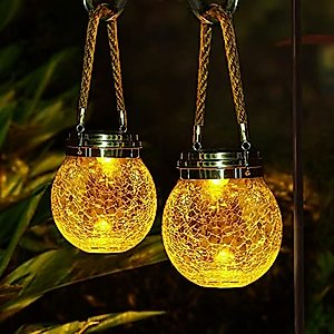 TonyEst Outdoor Solar Lantern, 2 Pack LED Amber Warm Hanging Lanterns Garden Solar Lights Decorative Crackle Glass Ball Waterproof, Solar Powered with 2 Optional Modes for Table Deck Yard Patio Decor