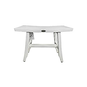 CoastalVogue Satori Teak Shower Bench Eastern Style Wood Shower Bench with Curved Seat 24″ Long Seat, Shower Stool in Antique White Finish