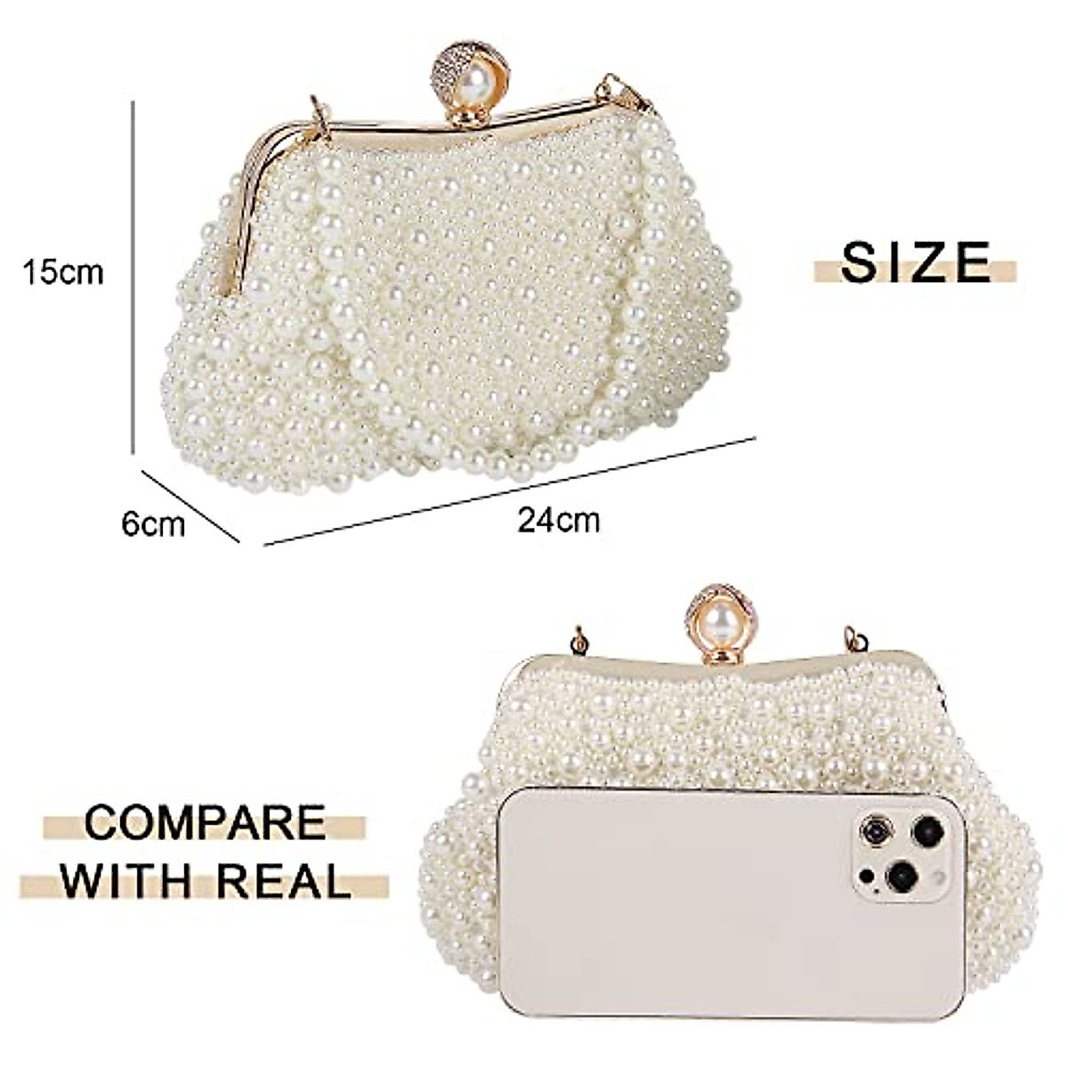 Oweisong Pearl Clutch Purses for Women Crystal Tote Handbag Vintage Evening Clutch Bag for Wedding Cocktail Bride