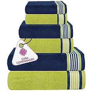 CASA COPENHAGEN He & She 6 Pieces Towel Set- California Blue + Green, 550 GSM 2 Bath Towel 2 Hand Towel 2 Washcloth, Designed in Denmark Made of Soft Egyptian Cotton for Bathroom, Kitchen & Shower