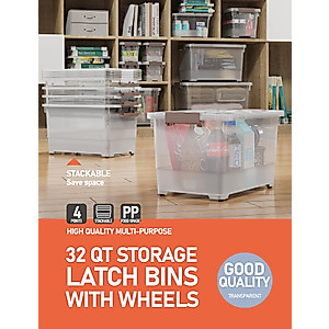 WYT 32 Qt Plastic Storage Bin Organizing Container with Durable Lids and Latching Buckle, Tote Box Stackable and Nestable, 4-Pack