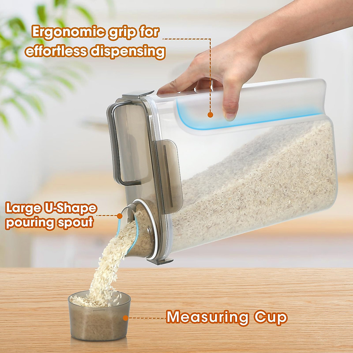 TBMAXS Rice Storage Container 10 Lbs, Airtight Food Dispenser with Large Spout and Cup for Rice, Cereal, Flour, Oatmeal, Pet Dog Cat Food Storage