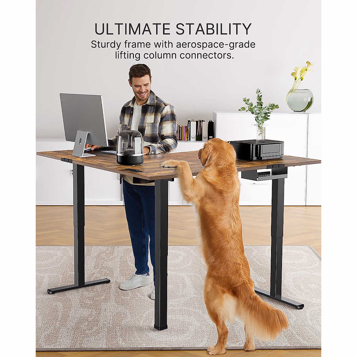 Marsail Standing Desk Adjustable Height with 4-in 1 Electical Outlet, L Shaped Electric Standing Desk with Headphone Hook, Stand up Desk for Home Office Sturdy Writing Workstation, Rustic