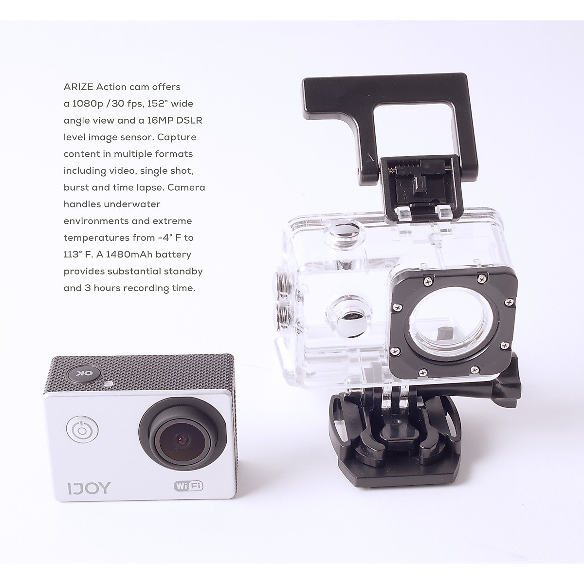 iJoy Arise 1080p Waterproof Action Cam Camera with Mounts and Accessories