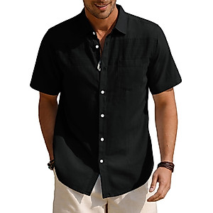 GRACE KARIN Men's Hawaiian Cotton Linen Shirts Casual Button Down Tropical Holiday Beach Shirts Black L