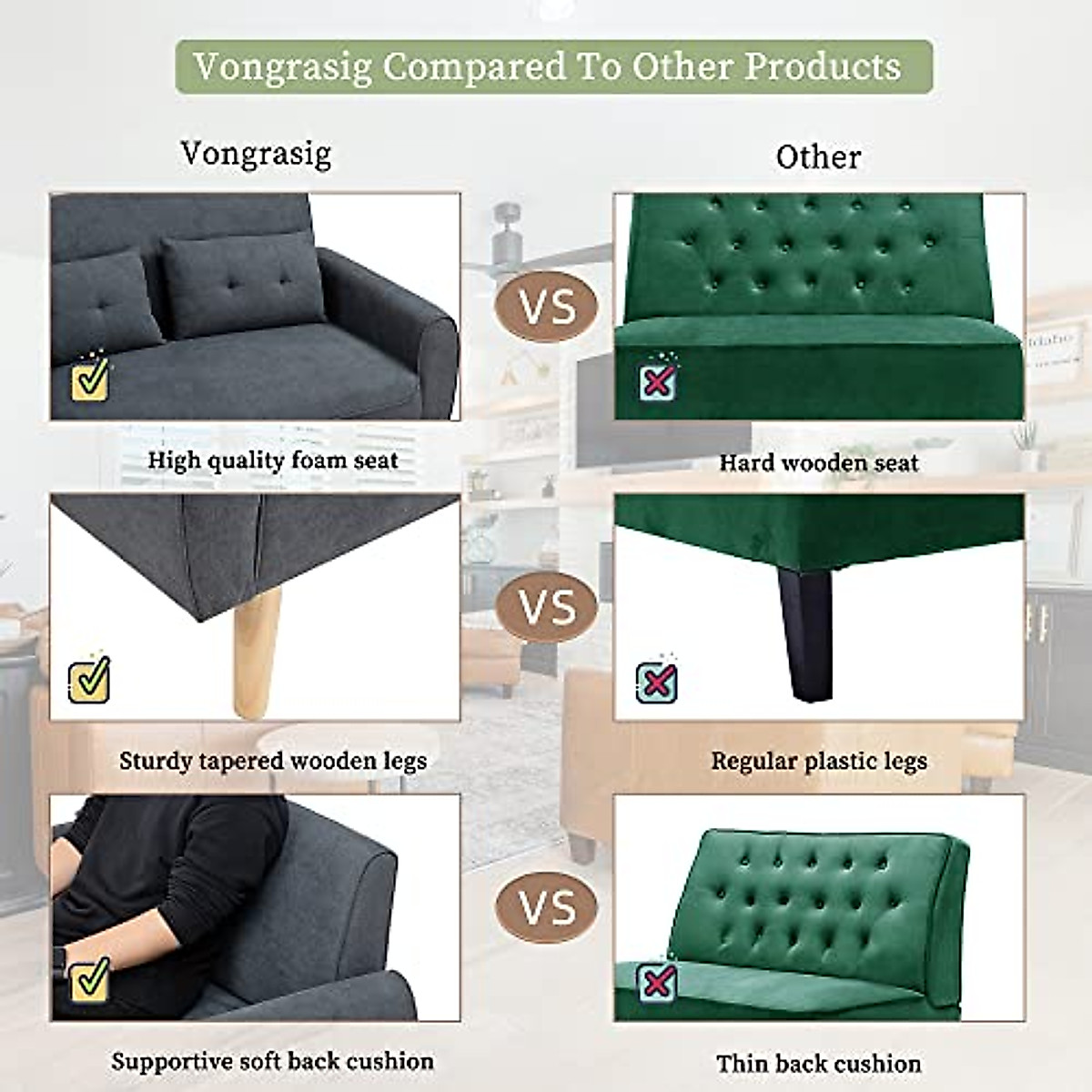 Vongrasig 47" Small Modern Loveseat Sofa, Mid Century Linen Fabric 2-Seat Sofa Couch Tufted Love Seat with Back Cushions and Tapered Wood Legs for Living Room, Bedroom and Small Space (Dark Gray)