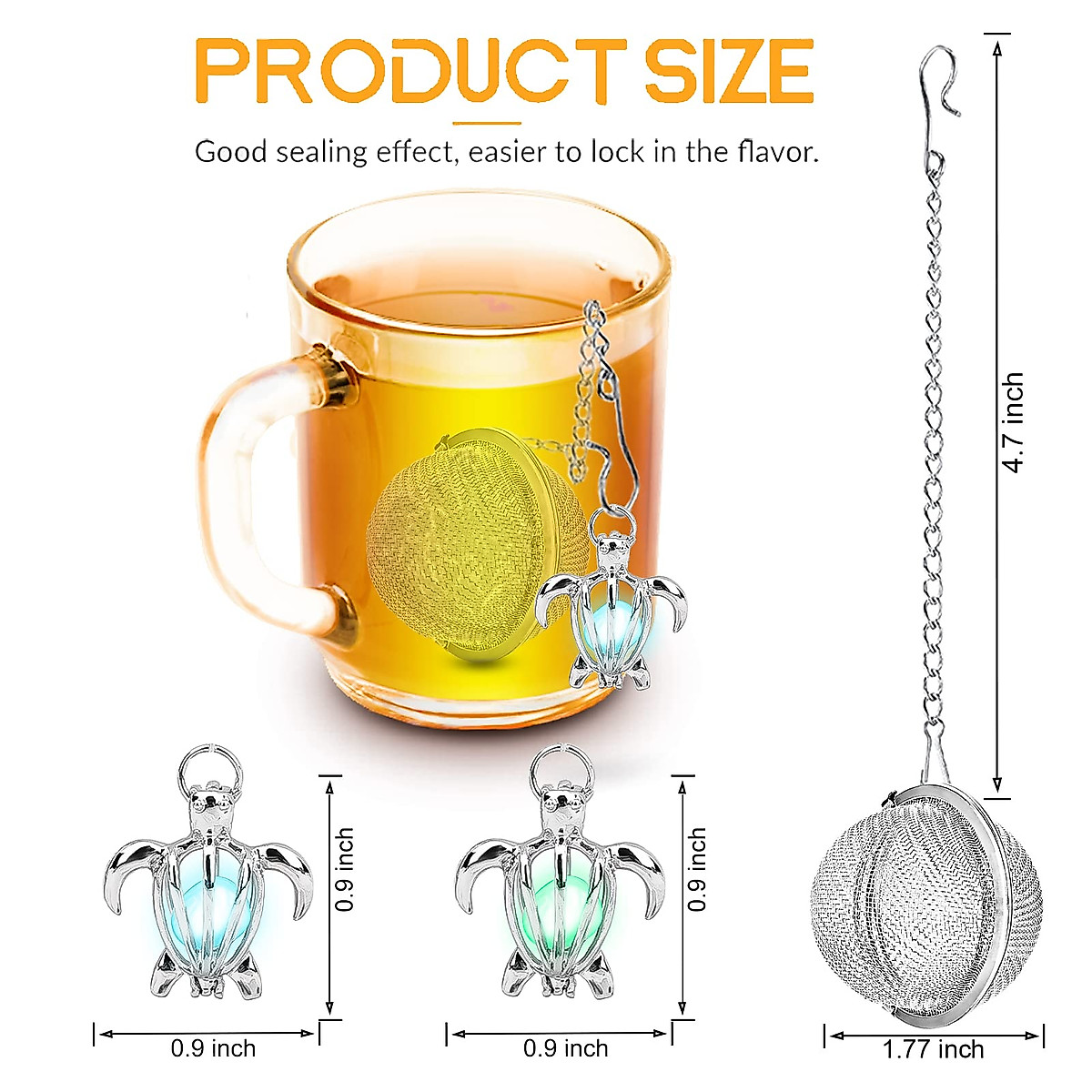 2pcs Tea Infuser TeaSanavie Loose Leaf Tea Steeper Stainless Steel Tea Ball Mesh Tea Strainer Silver Glow In The Dark Turtle Pendant Tea Filter with Extended Chain Hook for Brew Fine Loose Tea Leave