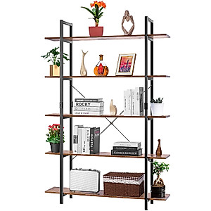 VIVOHOME 5-Tier Bookshelf, Industrial Bookcase, Open Storage Display Rack, Stable Metal Frame, Organizer Shelf for Living Room, Bedroom, Home Office