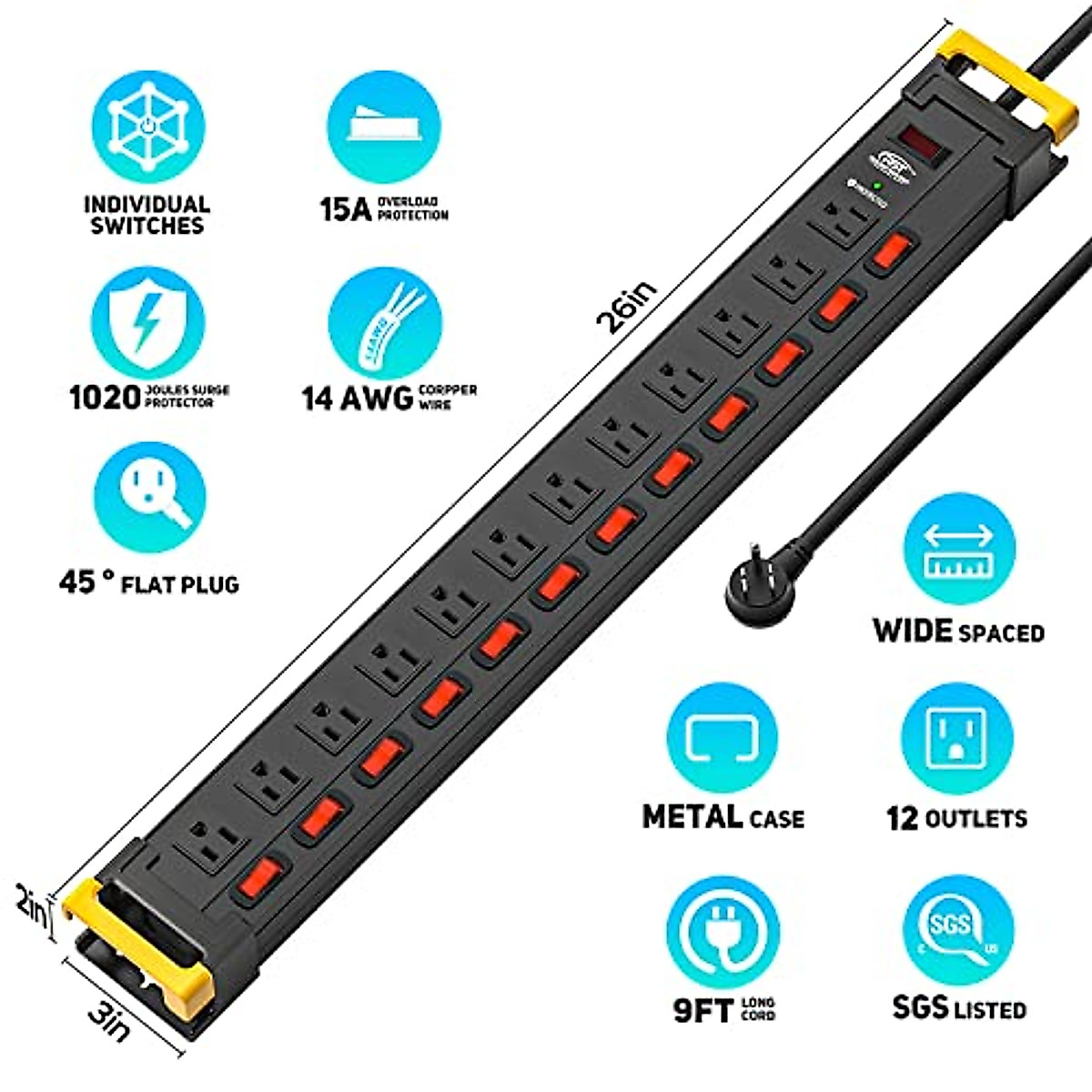 CRST 12 Outlet Heavy Duty Power Strip Surge Protector with Individual Switches, 15AMP/1875W Metal Power Strips with Cord Manager, 9FT, 1020J, for Garage, Workshop, Shop, Home Black