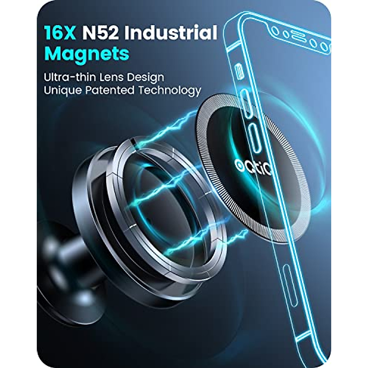 OQTIQ Compatible for MagSafe Car Mount, [Metal Body] Dashboard Phone Holder, [ Strong Magnets] Cell Phone Car Holder Compatible with Magsafe iPhone 14 13 Pro Max and All Phones