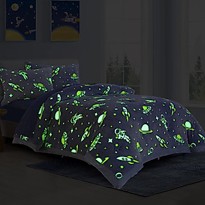 HOMBYS Glow in The Dark Comforter Set 5 Piece Twin/Twin XL with Sheets, Blue Space Astronauts Velvet Bedding Comforter Sets, Ultra Soft Down Alternative Comforter for Boys Kids, Bed in a Bag