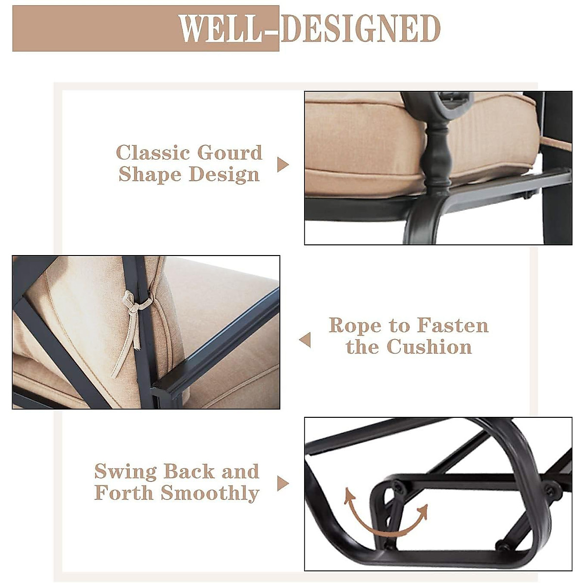 SOLAURA Patio Loveseat Outdoor Glider Swing Chair Patio Seating Dark Brown Wrought Iron Frame Lawn Chair with Thick Bench Cushions, Brown