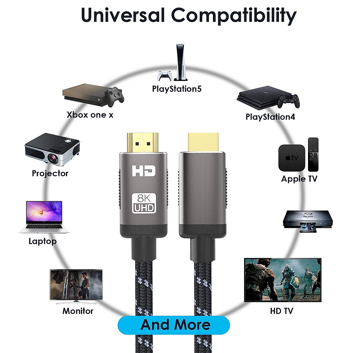 Bkzhcll 8K HDMI 2.1 Cable 10ft,Ultra HD High Speed 48Gpbs HDMI Cord,8K60 4K120 144Hz eARC HDR10 4:4:4 HDCP 2.2&2.3 DTS:X for PS4/PS5/Roku TV/Blu-ray/HDTV