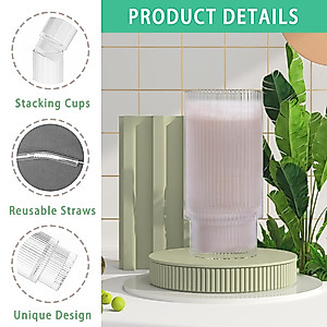 Harmin Ribbed Glassware Set of 8, Drinking Glass Cups with Straws, 12oz Vintage Highball Glass Cute Iced Coffee Cups, Ideal Christmas Gifts for Friends, Family