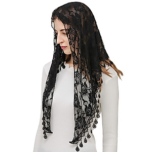 PAMOR Mass Veil Triangle Mantilla Cathedral Head Covering Chapel Veil Lace Shawl Latin Scarf (Black)