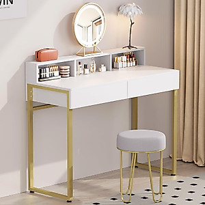 GreenForest Vanity Desk with 2 Drawers, White Makeup Desk with 3 Storage Spaces, 40 inch Small Desk with Gold Metal Legs, Modern Home Office Desk for Kids, Bedroom (No Mirror)