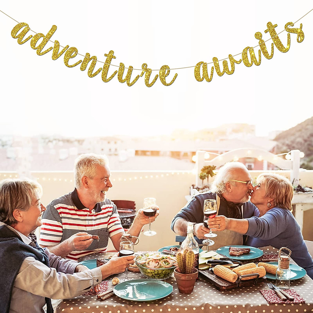 Adventure Awaits Banner, Wedding Engagement Party Bunting Decor, Congrats Grad, Birthday Retirement Sign Graduation Party Decorations Gold Glitter