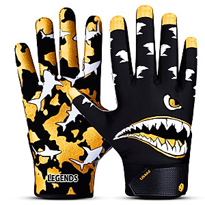 Limited Edition Football Gloves Fit Youth Football Gloves Tacky Football Gloves Men, Football Gloves for Kids 8-12 Receiver Gloves Adult/Football Gloves Youth (Shark/Black&Gold, Youth XS/Small)