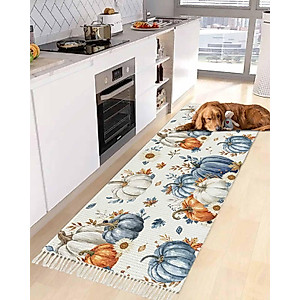 Thanksgiving Orange Blue White Pumpkins Hallway Runner Rug 2x6ft,Fall Eucalyptus Washable Woven Living Room Bedroom Kitchen Bathrom Carpet with Tassels Indoor Outdoor Throw Door Mat for Entryway