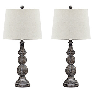 Signature Design by Ashley - Cloudhurst Contemporary 3-Piece Table Set; Two End Tables, White Wash Wood & Mair Poly Table Lamp - Farmhouse Style - Timeworn Finish - Black