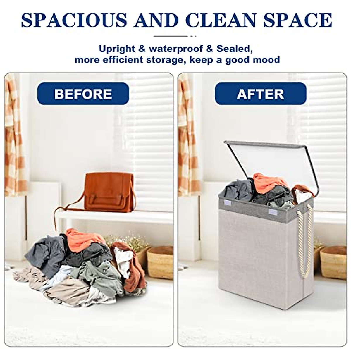 POBOMVOM 60L Laundry Basket with Lid, Hampers for Laundry with Rope Handles Waterproof Lining Detachable Brackets Dirty Clothes Hamper for Bedroom, Bathroom Dorm Organization (19 inches, Light Grey)