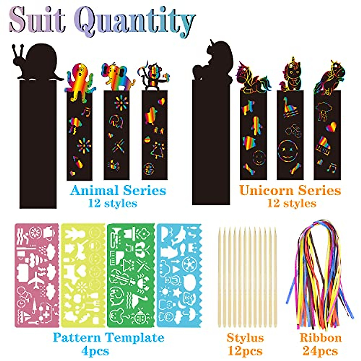 64PCS Animal Scratch Bookmarks Set, DIY Rainbow Scratch Bookmarks with Painting Templates, Wood Sticks and Colored Ribbons for Kids Party Birthday Gifts Teacher Supplies Kids Classroom School Supplies