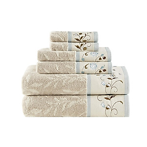 Madison Park Serene 100% Cotton Bath Towel Set Luxurious Floral Embroidered Cotton Jacquard Design, Soft and Highly Absorbent for Shower, Multi-Sizes, Blue