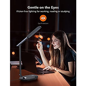 Metal LED Desk Lamp, Workbench Office Light with 5V/2A USB Port, Eye-Caring Architect Desk Lamps for Home Office, 5 Color Modes & 6 Brightness Levels, Touch Control (Light Grey)