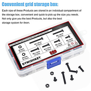 DYWISHKEY 360 Pieces M3 x 6mm/8mm/10mm/12mm/16mm/20mm, 10.9 Grade Alloy Steel Hex Button Head Cap Bolts Screws Nuts Kit with Hex Wrench