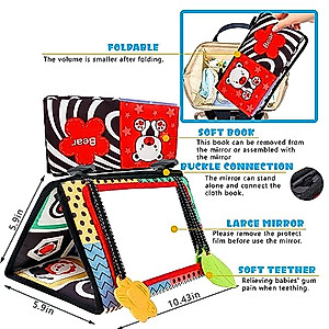 Baby Toys Tummy Time Mirror: Infant Black White high Contrast Sensory Toy with Crinkle Book 0 3 6 9 12 18 Month Old Newborn Montessori Activity Babies Gifts for Boy Girl 0-6 6-12 Months