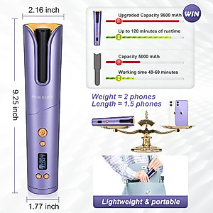 Meletee Cordless Unbound Auto Hair Curler, 9600mAh Super Long Standby Automatic Curling Iron with LCD Display, Portable USB Rechargeable Rotating Ceramic Barrel Hair Curler