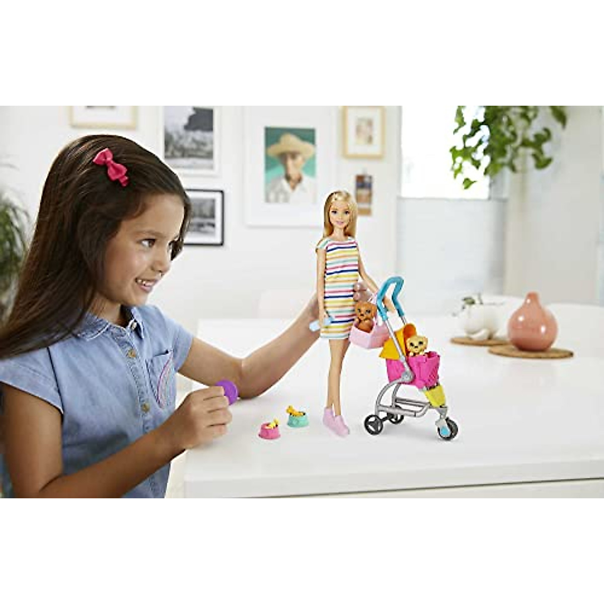 Barbie Dogwalking Doll & Accessories, Stroll & Play Pups Playset with Transforming Stroller, 2 Pets & Handbag, Blonde Doll