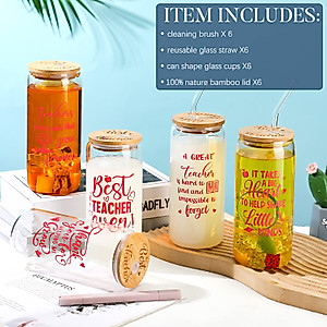 Rtteri 6 Pcs Teacher Gifts Teacher Appreciation Gifts Teacher Glass Cups 20 oz Drinking Glasses Glass Tumbler with Straw and Lid and Brushes Teacher Tumbler for Women