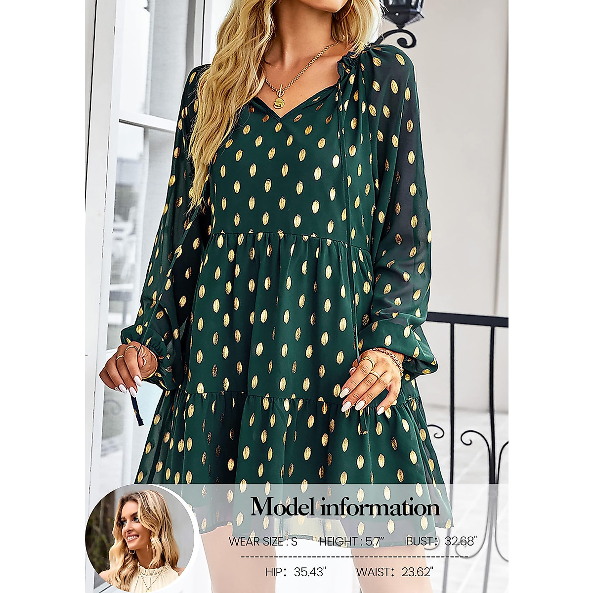 KIRUNDO Women's 2024 Spring Summer Long Sleeve V Neck Ruffle Polka Dot Mini Dress Casual Loose Tiered Swing Tunic Dresses(Dark Green, X-Large)