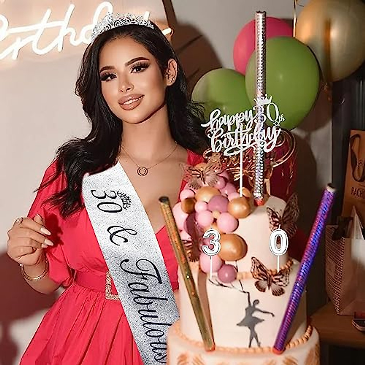Hapdoo 30th Birthday Decorations women, Including 30th Birthday Rhinestone Crown Tiara, 30&Fabulous Sash with Pearl Pin, Happy Birthday Cake Topper and Number Candles, 30th Birthday Gifts for women, Silver