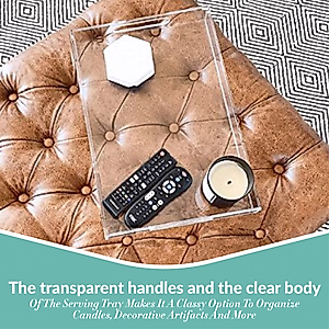Rectangle Coffee Table Tray - Clear Acrylic Tray with Handles 16 x 12 x 2 - Rectangle Tray for Serving Food, Coffee, Organizing Bathroom Accessories, Makeup, Perfume, Ottoman, Eating in Bed Tray