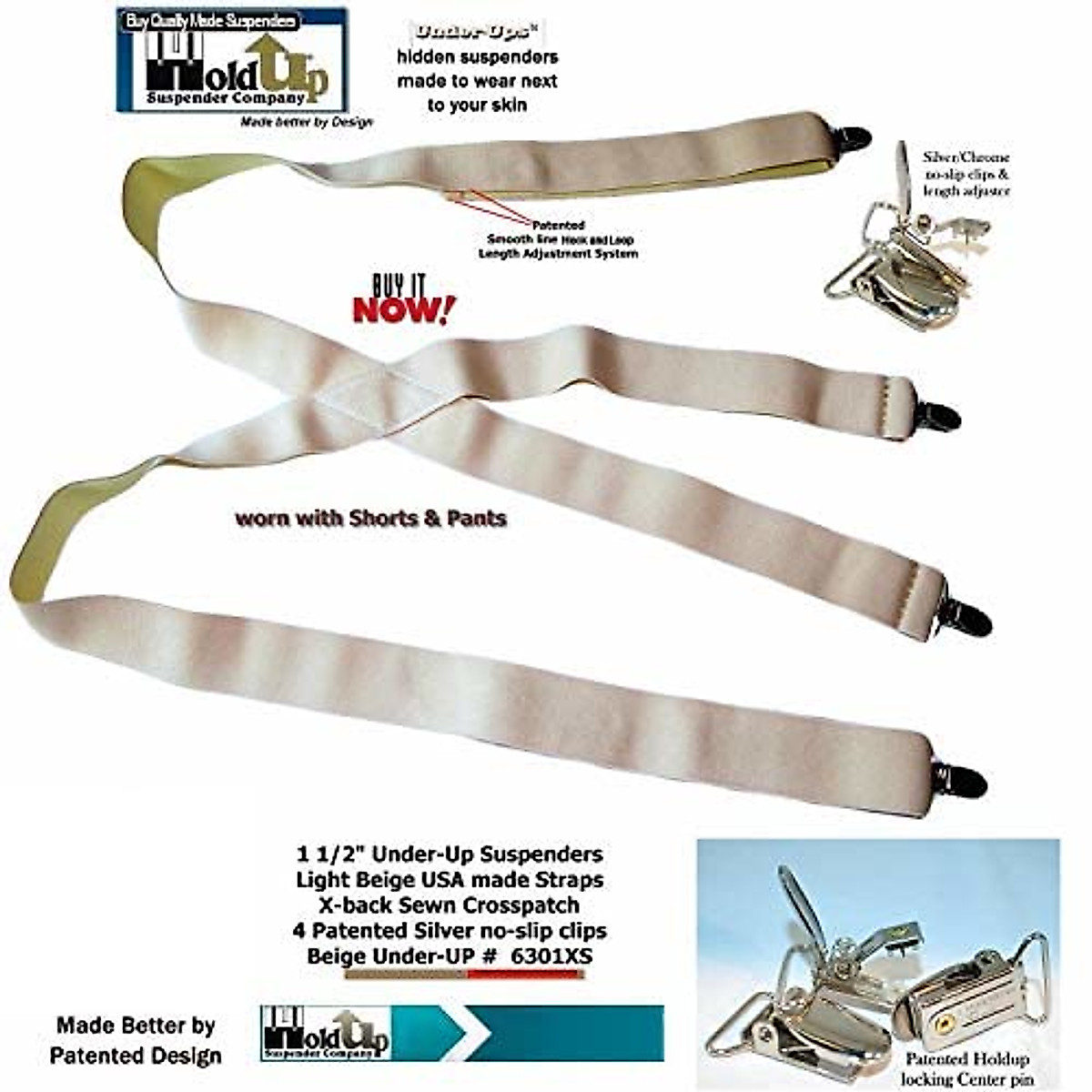 Holdup Traditional Style Tan 1 1/2" Under-Ups Suspenders for Men with USA Patented Metal "No-Slip" clips