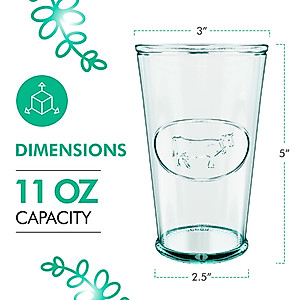 Amici Home Milk Glass | 11 Oz | Italian Made, Clear Recycled Glass with Green Tint | Cute Glass with Cow Motif for Milk, Water, Juice, Cocktails, Fresh Drinks (Set of 6)