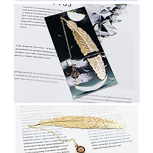 Leaf Metal Bookmarks,Retro Unique Personalized Bookmark,Vintage Metal Feather Bookmark with Key Shell Snowflake Pendant，Christmas Thanksgiving Idea Gift for Women Men Kids Book Lovers Key