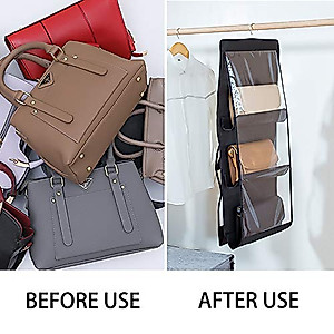 inheming Hanging Purse Handbag Organizer, Dust-Proof Space Saver Storage Holder Bag, 6 Pockets Wardrobe Closet Handbags Storage(Black)