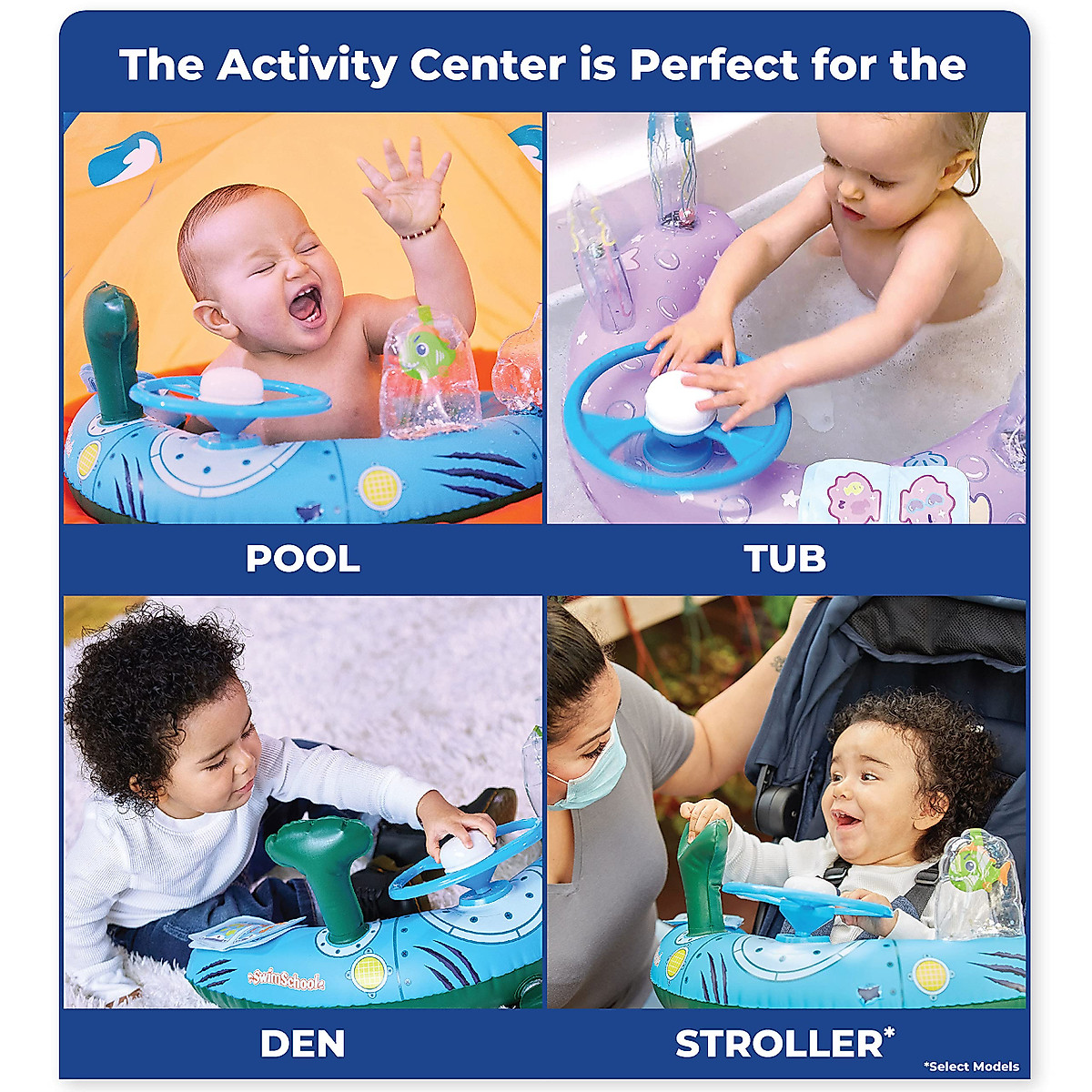 SwimSchool Baby Pool Float with Adjustable Canopy - 6-24 Months - Includes 5-Toy Interactive Play Console Safety Seat - Pink