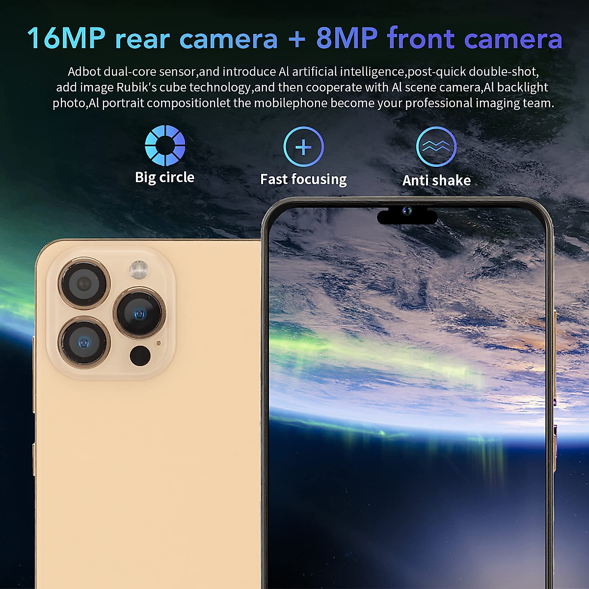 Tangxi i14pro Smartphone, MTK6580, 2.0GHz, 3500mAh Battery, 6.53 Inch HD Screen, 16MP Camera, with AI Battery Management, Face Unlock, GPS, Dual SIM Dual Standby (Gold)
