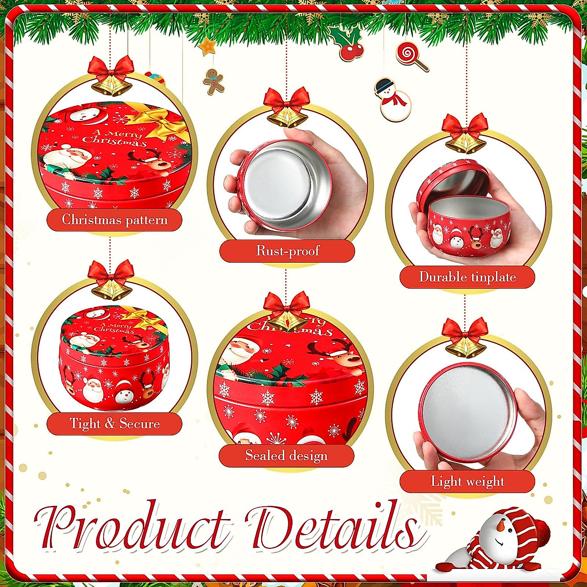 Mumufy 24 Pcs Christmas Cookie Tins 8 Styles Candy Tinplate Retro Tins Candle Tin Storage Containers Metal Cookie Jars Round Nesting Containers for DIY Candles, Dry Storage, Spices, Tea, Candy