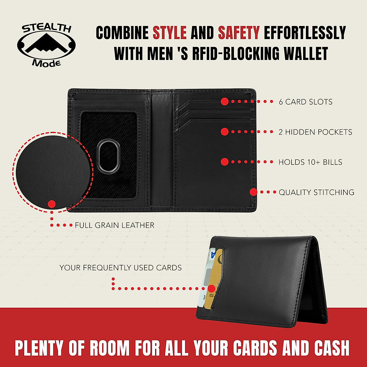 Stealth Mode Men's Slim Front Pocket Wallet - RFID Blocking, Thin Minimalist Bifold Design, Genuine Leather - ID Badge Window and 5 Sleeves for Money, Credit and Debit Cards, Driver's License - Black